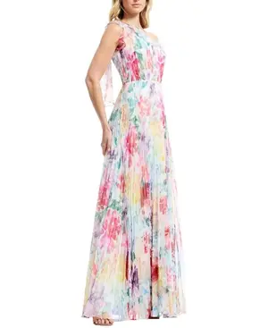 Dress The Population Leandra One-shoulder Printed Chiffon Gown