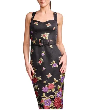 Dress The Population Nicole Belted Floral Organza Midi Dress
