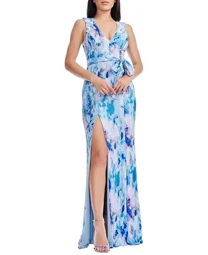 Dress The Population Sandra V-neck Pleated Floral Gown - Pale Blue Multi