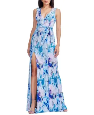 Dress The Population Sandra V-neck Pleated Floral Gown