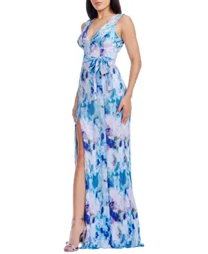Dress The Population Sandra V-neck Pleated Floral Gown