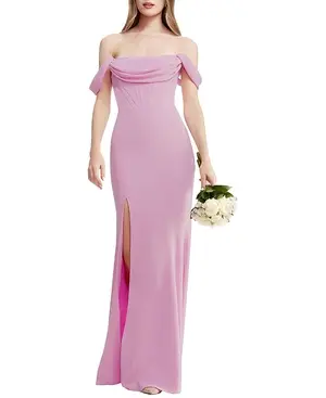 Dress The Population Melania Off-the-shoulder Draped Bustier Gown Lavender
