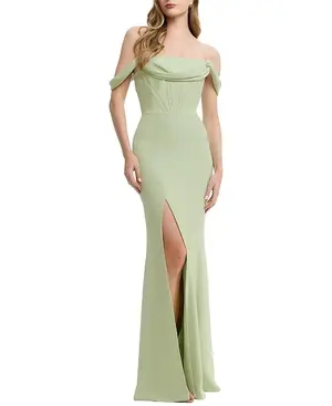 Dress The Population Melania Off-the-shoulder Draped Bustier Gown Sage