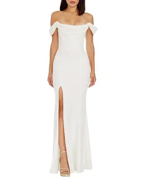 Dress The Population Melania Off-the-shoulder Draped Bustier Gown White