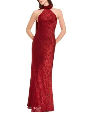 Dress The Population Olivia Halter High Neck Rose Print Rosette Gown