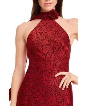 Dress The Population Olivia Halter High Neck Rose Print Rosette Gown