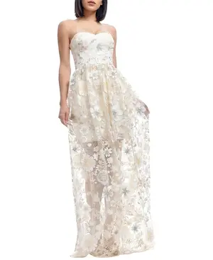 Dress The Population Audrina Strapless Sweetheart 3d Floral Applique Sheer Overlay Gown - Ivory Multi