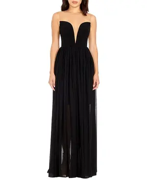 Dress The Population Eleanor Illusion Neck Plunge Bustier Chiffon Gown - Black