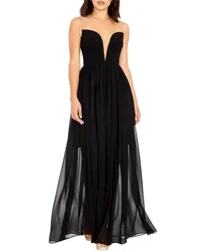 Dress The Population Eleanor Illusion Neck Plunge Bustier Chiffon Gown - Black