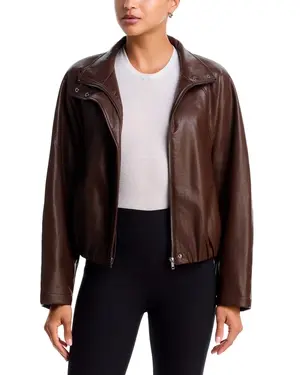 Aqua Faux Leather Bomber Jacket - Brown