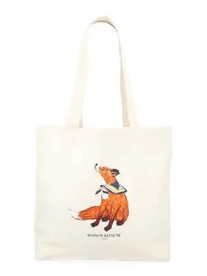 Maison Kitsuné Tote Handbag Featuring Playful Fox Design 43 Cm X 32.5 Cm - Beige