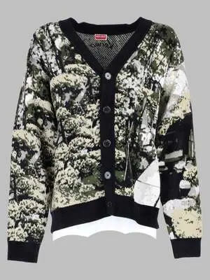 Kenzo Cotton-wool Blend Printed V-neck Cardigan - Brown