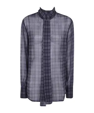 7 For All Mankind Tieneck Sheer Plaid Blouse - Grey