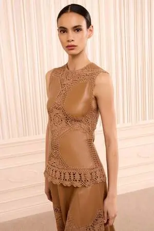 Ulla Johnson Livia Sleeveless Crochet & Leather Top - Camel