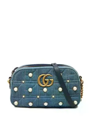 Gucci Gg Marmont Pearl Studded Crossbody Bag - Blue