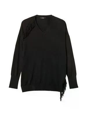 TWINSET Asymmetrical Fringed V-neck Jumper - Black