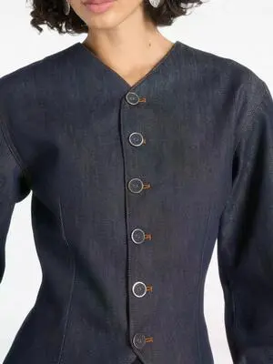 Manière De Voir Denim Hourglass Jacket With V-neck And Bishop Sleeves