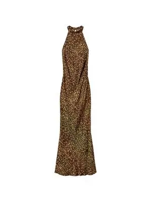 TWINSET Long Animal Print Satin Halterneck Dress - Brown