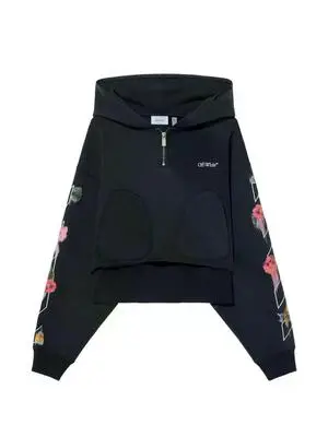 Off-White Cropped Floral Print Hoodie With Kangaroo Pocket