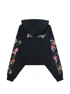 Off-White Cropped Floral Print Hoodie With Kangaroo Pocket