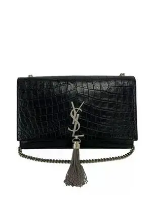 Saint Laurent Medium Croc Embossed Leather Monogram Kate Tassel Crossbody Bag