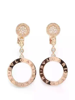 BVLGARI 18k Rose Gold Diamond Pavé Logo Circle Pendant Clip-on Earrings