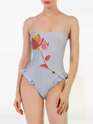 Agua Bendita Floral Embroidered Ruffled Swimsuit