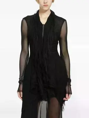 YEHUAFAN Fringed Semi-sheer V-neck Jumper - Black