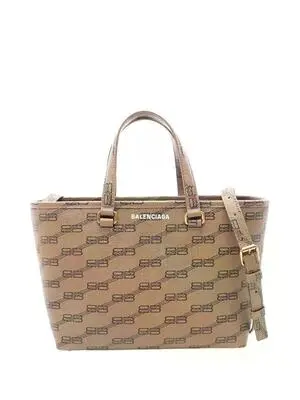 Balenciaga 2018-2026 Small Coated Canvas Signature Shopper Satchel - Brown