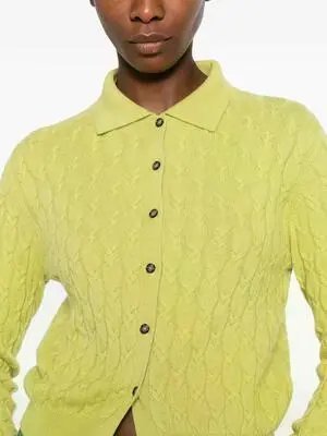ALLUDE Lime Cashmere Cable-knit Polo Cardigan