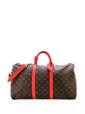 LOUIS VUITTON Keepall Bandouliere Bag Monogram Canvas With Coquelicot Leather Trim 50 Travel Bag - Red