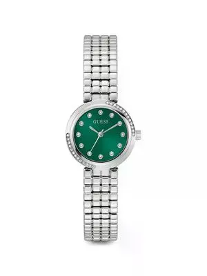 Guess Silver-tone Embellished Crystal Watch With Sunray Dial - Green