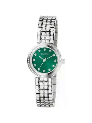 Guess Silver-tone Embellished Crystal Watch With Sunray Dial - Green