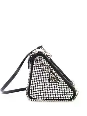 Prada Triangle Double Pouch Crystal Embellished Satin Mini Crossbody Bag - Black