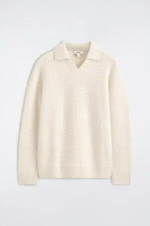 Cos Waffle-knit Wool Polo Sweater - White