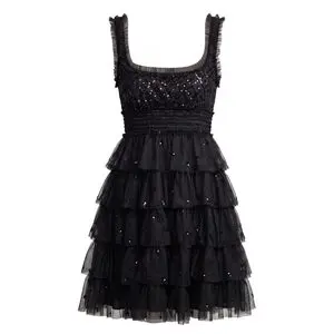 Mac Duggal Tulle Sleeveless Square Neck Ruffle Mini Dress