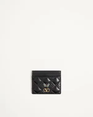Valentino Garavani Flutterby Cardholder In Shiny Nappa Leather With Butterfly Embroidery - Black