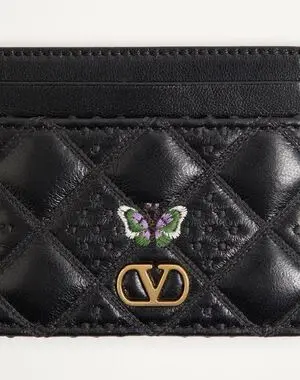 Valentino Garavani Flutterby Cardholder In Shiny Nappa Leather With Butterfly Embroidery