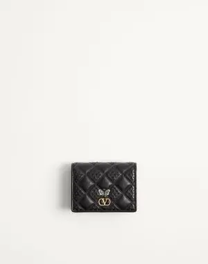 Valentino Garavani Flutterby Wallet In Shiny Nappa Leather With Butterfly Embroidery - Black