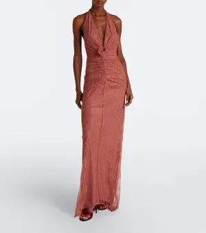 DE LA VALI Amora Ruched Scarf-detail Lace Maxi Dress