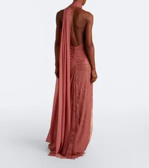 DE LA VALI Amora Ruched Scarf-detail Lace Maxi Dress