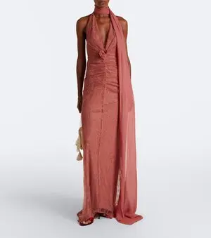 DE LA VALI Amora Ruched Scarf-detail Lace Maxi Dress - Pink