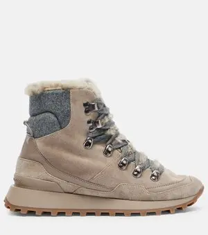 Brunello Cucinelli Monili Shearling-trimmed Suede Ankle Boots - Beige