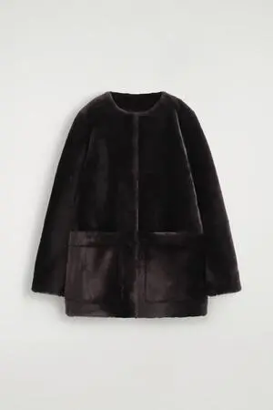 Cos Collarless Shearling Jacket - Brown