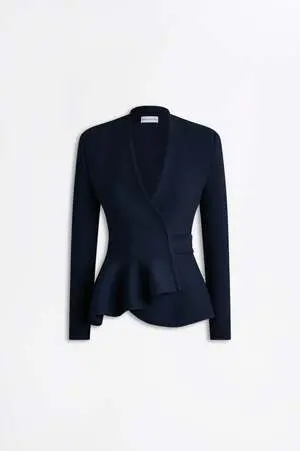 Scanlan Theodore Crepe Knit Wrap Peplum Jacket - Navy