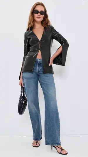 Alice + Olivia Venita Faux Leather Slim Collarless Blazer