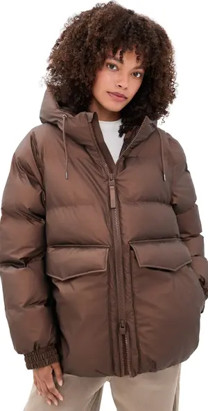 Rains Puffer A-line Jacket With Drawstring Hood And Zip Closure