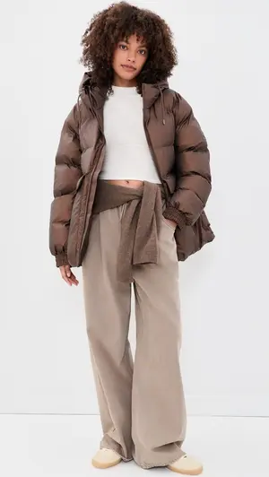 Rains Puffer A-line Jacket With Drawstring Hood And Zip Closure