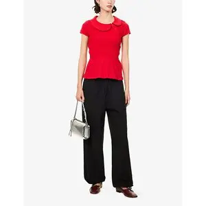 PEACHY DEN Ferdinand Shirred Cotton-stretch Polo Top - Tomato
