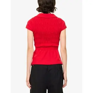 PEACHY DEN Ferdinand Shirred Cotton-stretch Polo Top - Tomato